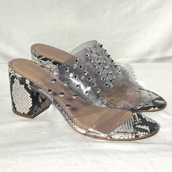 Carvela | Shoes | New Carvela Studded Clear Snake Print Block Heel Slip ...